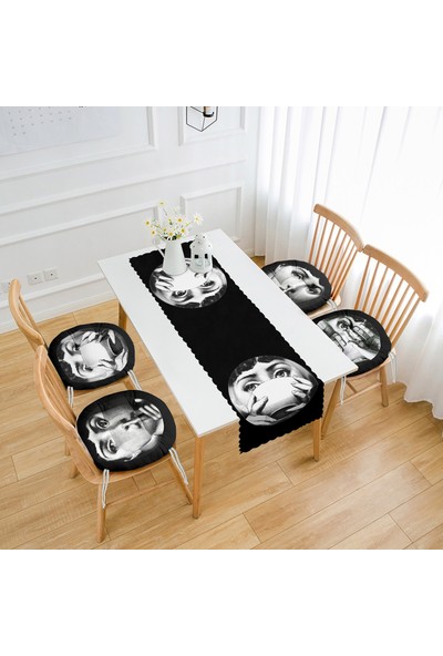 RealHomes Siyah Zeminli Fornasetti Tasarımlı 4 Yuvarlak Pofidik Sandalye Minderi ve 1 Runner Seti