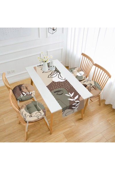 RealHomes Kahve Tonlarında Portre Tasarımlı 4 Yuvarlak Pofidik Sandalye Minderi ve 1 Runner Seti