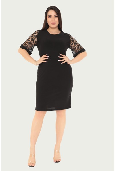 Kifayet Kolları Güpür Detaylı Büyük Beden Siyah Elbise