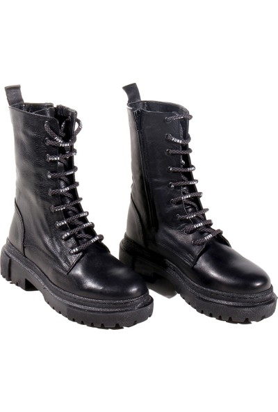 Pabucmarketi Kadın Siyah Deri Fermuarlı ve Bağcıklı Bot