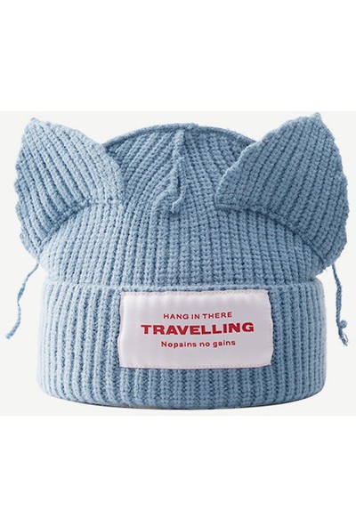 Puni Kedi Kulaklı Örgü Şapka - Açık Mavi (Yurt Dışından)
