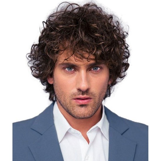 Erkekler Kısa Kıvırcık Dalga Sentetik Peruk Beyaz Lük Parti Kahverengi ...