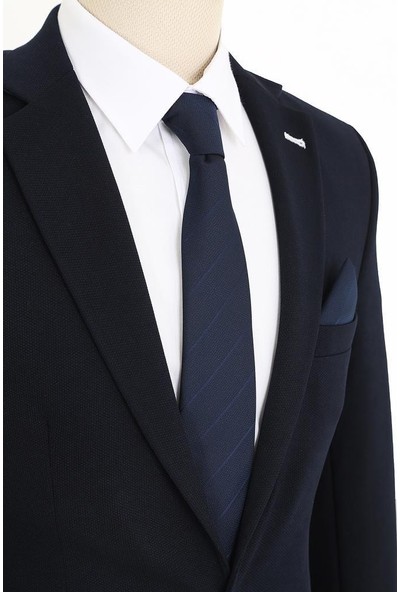 Brianze Lacivert Çizgili Kravat Mendil Set