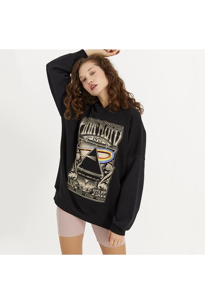 Ecrou Kadın Siyah Kapüşonlu 3 İplik Pink Floyd Baskılı Sweatshirt
