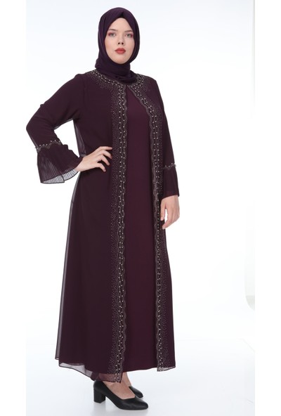 FERACE Kadın Büyük Beden Taşlı ve Inci Desenli Kolları Piliseli Anne Tesettür Abiye Takım