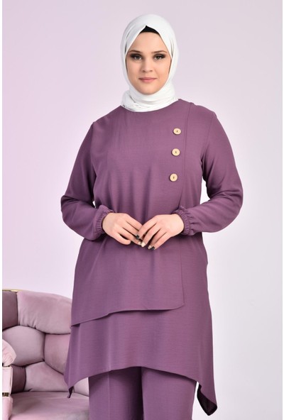 FERACE Kadın Büyük Beden Düğmeli Ikili Tesettür Tunik Takım