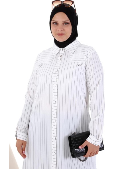 FERACE Kadın Büyük Beden Gömlek Yaka Çizgili Krep Kumaş Uzun Tesettür Tunik Modeli FERACE Kadın Büyük Beden Gömlek Yaka Çizgili Krep Kumaş Uzun Tesettür Tunik Modeli