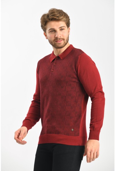 Çizgi Triko Erkek Polo Yaka Pamuklu Triko Kazak Desenli Kol ve Bel Lastikli Dokuma