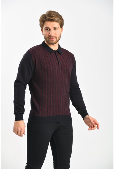 Çizgi Triko Erkek Polo Yaka Pamuklu Triko Kazak Desenli Kol ve Bel Lastikli Dokuma