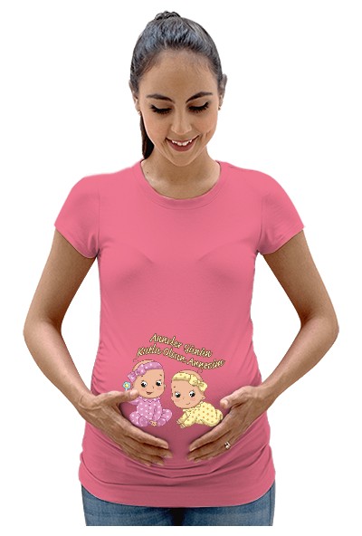 Tisho Ikiz Çocuk Tasarımlı Kısa Kol Pembe Hamile Tişört Kadın Hamile Tişört