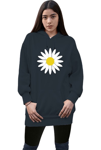 Tisho Papatya Çiçeği Tasarımı Füme Kadın Uzun Hoodie Kapüşonlu Sweatshirt