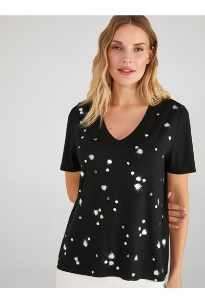 Faik Sönmez Önü Yıldız Baskılı V Yaka T-SHIRT63470