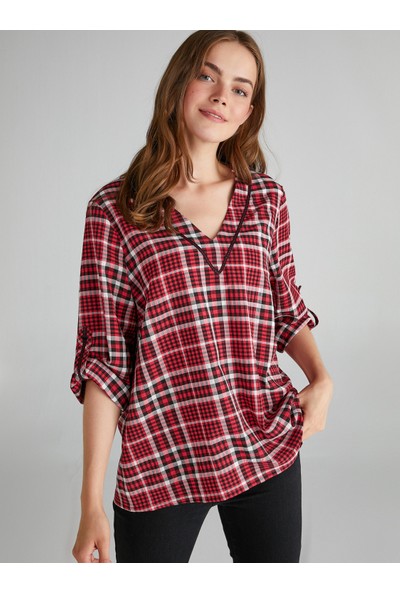 Faik Sönmez V Yaka Kareli Poplin Bluz 63137