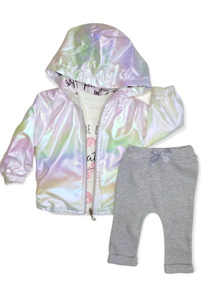 Boby Kız Parıltılı Beyaz 3'lü Yağmurluk Takımı