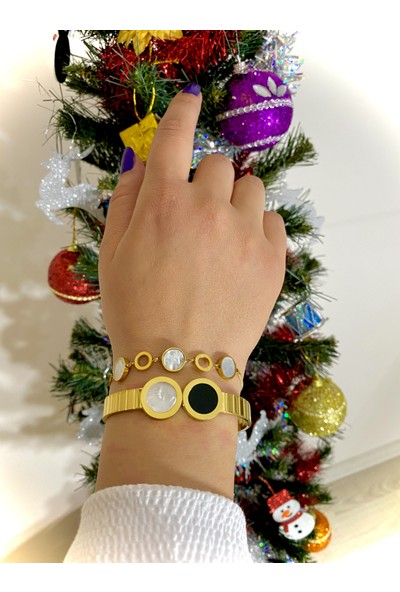 Royal Steels Altın Kaplama Kadın Çelik Bileklik 2'li Kombin Set