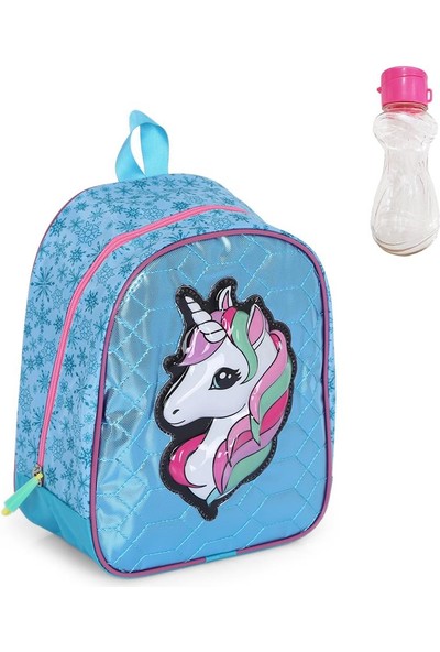 Mavi Parlak Dikişli Unicorn Baskılı Anaokulu Çantası + Suluk - Kreş Çantası Mavi Parlak Dikişli Unicorn Baskılı Anaokulu Çantası + Suluk - Kreş Çantası