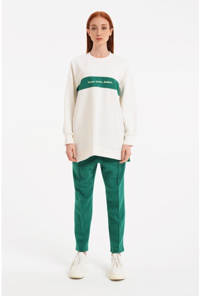 Nefise Önü Şerit Detaylı Sweatshirt - Ekru-Yeşil