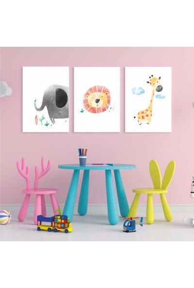 Hayat Poster Çocuk Odası Dekorasyonu Için 3 Parça Ahşap Tablo Seti, Safari Hayvanları Fil, Arslan ve Zürafa Hayat Poster Çocuk Odası Dekorasyonu Için 3 Parça Ahşap Tablo Seti, Safari Hayvanları Fil, Arslan ve Zürafa