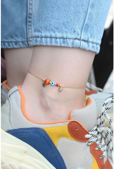 Moco Boncuklu Yıldız Detaylı Gold Metal Çoklu Halhal Moco Boncuklu Yıldız Detaylı Gold Metal Çoklu Halhal