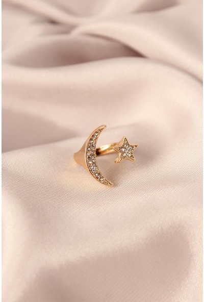 Clariss Ay Yıldız Model Gold Renk Zirkon Taşlı Ayarlanabilir Kadın Yüzük
