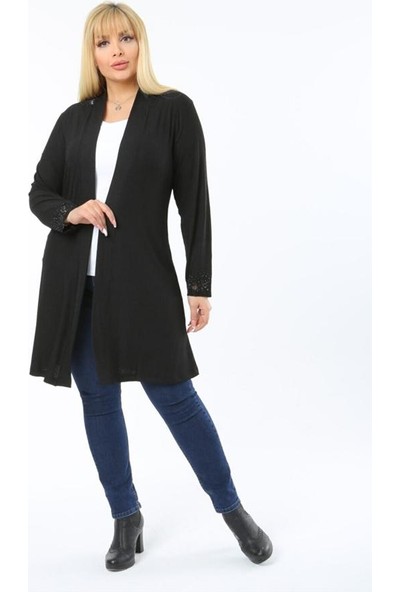 ViolettaXL Kadın Siyah Büyük Beden Taşlı Güpür Detay Likralı Viskon Hırka