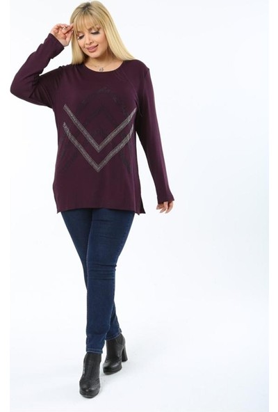 ViolettaXL Kadın Mor Büyük Beden Yırtmaçlı Taş Detay Likralı Viskon Bluz