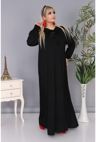 ViolettaXL Kadın Siyah Büyük Beden Fiyonk Yaka Kolları Manşet Likralı Viskon Elbise
