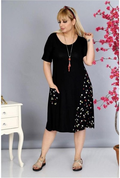 ViolettaXL Kadın Siyah Büyük Beden Cepli Asimetrik Papatya Desen Likralı Viskon Elbise