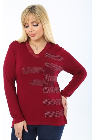 ViolettaXL Kadın Bordo Büyük Beden V Yaka Taş Detay Likralı Viskon Bluz