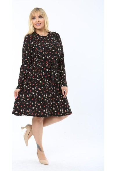 ViolettaXL Kadın Siyah Büyük Beden Fırfır Detay Kemerli Likralı Krep Elbise