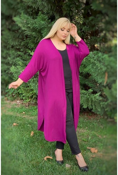 ViolettaXL Kadın Fuşya Büyük Beden Yarasa Kol Yandan Yırtmaçlı Likralı Viskon Hırka