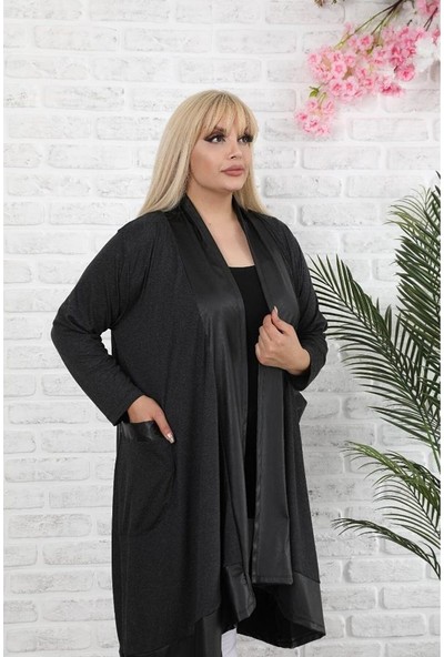 ViolettaXL Kadın Antrasit Büyük Beden Deri Detay Cepli Asimetrik Kesim Likralı Yünlü Viskon Hırka
