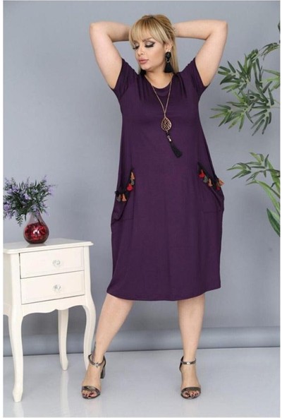 ViolettaXL Kadın Mor Büyük Beden Cepleri Püskül Likralı Viskon Elbise