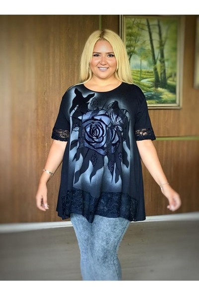ViolettaXL Kadın Lacivert Büyük Beden Dantel ve Taş Detay Likralı Viskon Tunik ViolettaXL Kadın Lacivert Büyük Beden Dantel ve Taş Detay Likralı Viskon Tunik