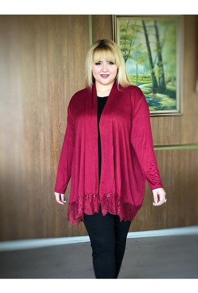 ViolettaXL Kadın Bordo Büyük Beden Eteği Dantelli Likralı Viskon Hırka