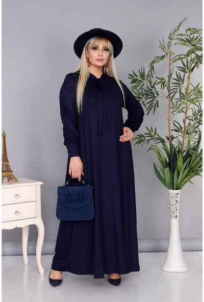 ViolettaXL Kadın Lacivert Büyük Beden Fiyonk Yaka Kolları Manşet Likralı Viskon Elbise ViolettaXL Kadın Lacivert Büyük Beden Fiyonk Yaka Kolları Manşet Likralı Viskon Elbise