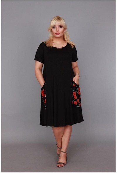 ViolettaXL Kadın Siyah Büyük Beden Torba Cep Gelincik Desen Likralı Viskon Elbise