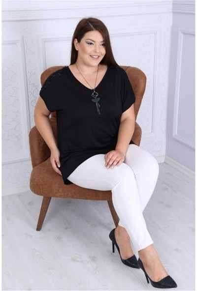 ViolettaXL Kadın Siyah Büyük Beden Omuzları Şerit Güpür Likralı Viskon T-Shirt