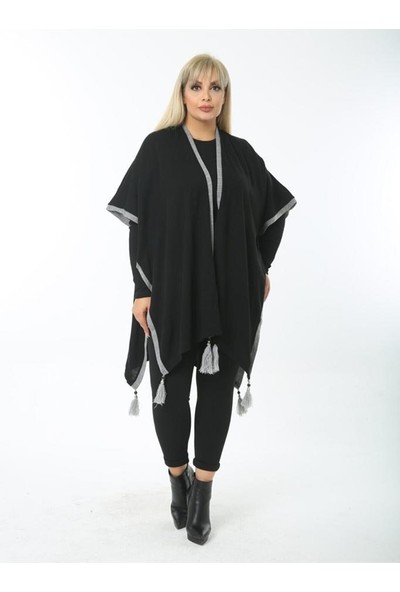 ViolettaXL Kadın Siyah Büyük Beden Şerit Detay Püsküllü Esnek Triko Panço