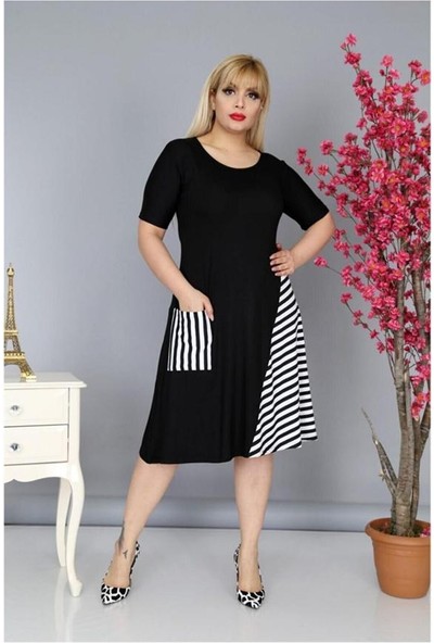 ViolettaXL Kadın Siyah Büyük Beden Cepli Asimetrik Çizgi Desen Likralı Viskon Elbise