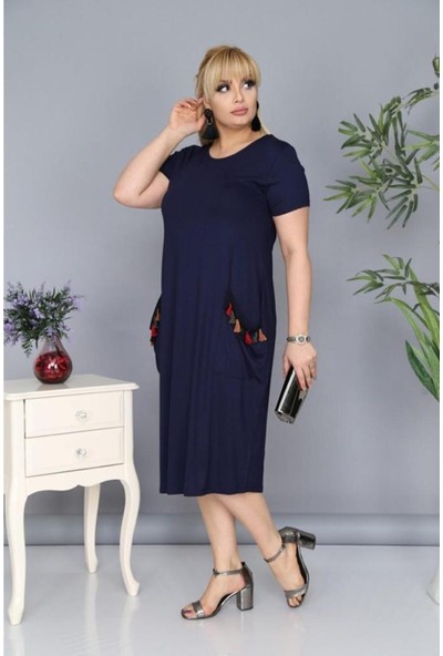 ViolettaXL Kadın Lacivert Büyük Beden Cepleri Püskül Likralı Viskon Elbise