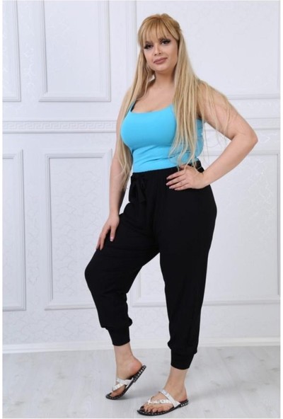 ViolettaXL Kadın Siyah Büyük Beden Belden Bağcıklı Likralı Viskon Şalvar