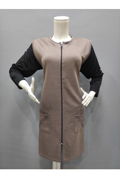 Modaminar Kadın Kışlık Kumaş Fermuarlı Cebi Taşlı Desen Büyük Beden Yelek