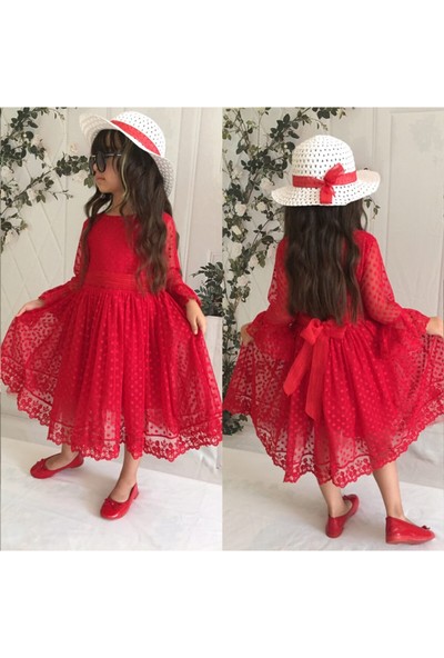 Miço Kids kırmızı Şapkalı Tüllü Güpür Detaylı Kız Çocuk Elbisesi Miço Kids kırmızı Şapkalı Tüllü Güpür Detaylı Kız Çocuk Elbisesi