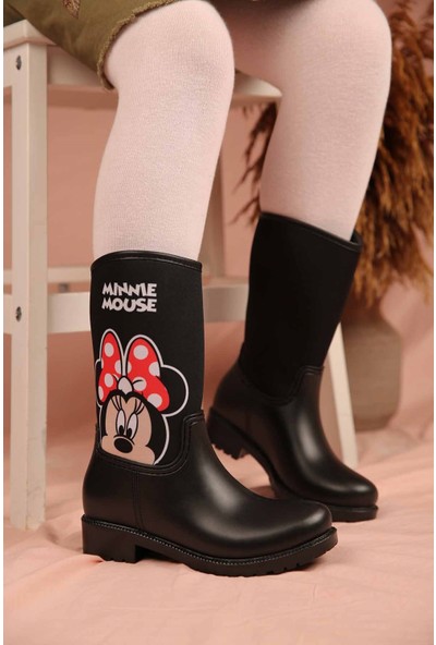 Akınalbella Kız Çocuğu Minnie Mouse Siyah Yağmur Kar Çizmesi