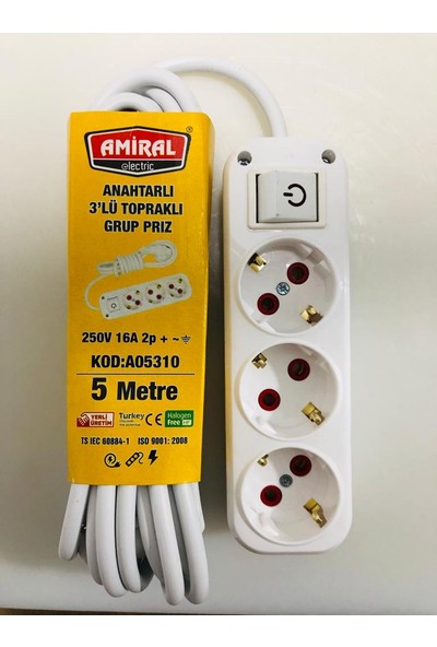 Amiral 5 Metre Anahtarlı Ara Kablosu 3'lü Grup Priz Uzatma