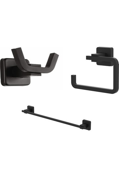 Fndhome Siyah Kare Uzun Havluluk, Kapaksız Tuvalet Kağıtlık, Ikili Bornoz Askılık Seti