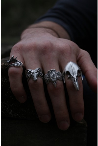 Dukkanka 4'lü Antik Gümüş Ejderha, Koç, Kartal, Burun Ayarlanabilir Yüzük Seti
