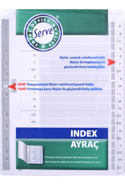 Serve Karton A4 Ayraç Seperatör Sv 5328 A-Z Alfabetik Index Serve Karton A4 Ayraç Seperatör Sv 5328 A-Z Alfabetik Index