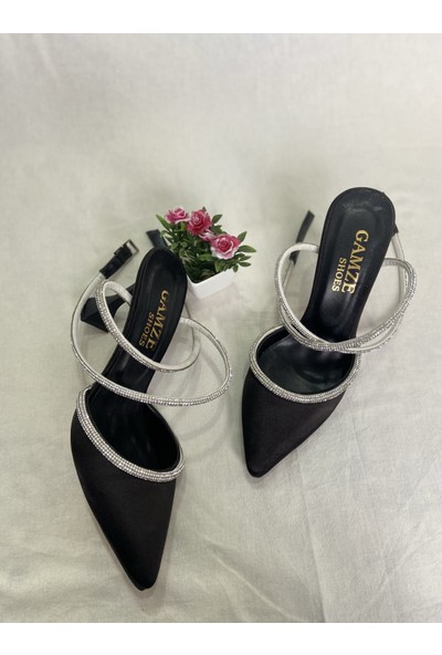 Gamze Shoes Bilekten Bağlamalı Siyah Saten Şampanya Topuklu Ayakkabı